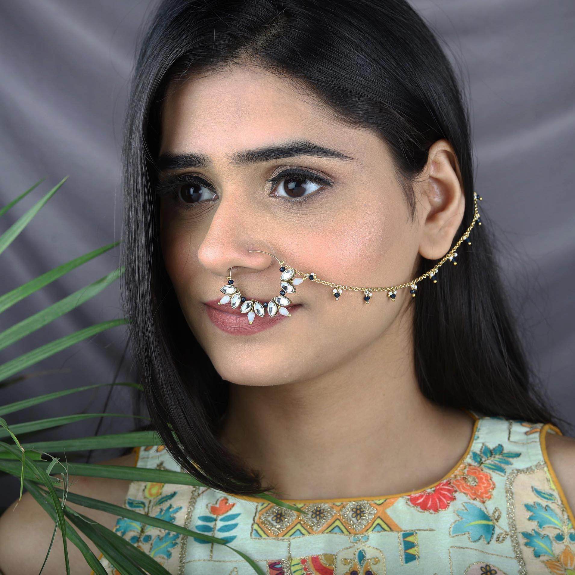 Jugni Nath Kundan & Blue Beads Traditional Nath With Hair Chain For ...